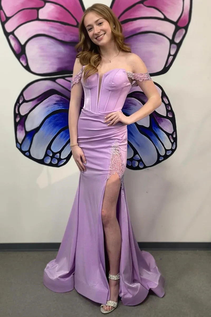 Satin Trumpet Off-Shoulder Sweetheart With Side Slit Prom Dress – Daisda